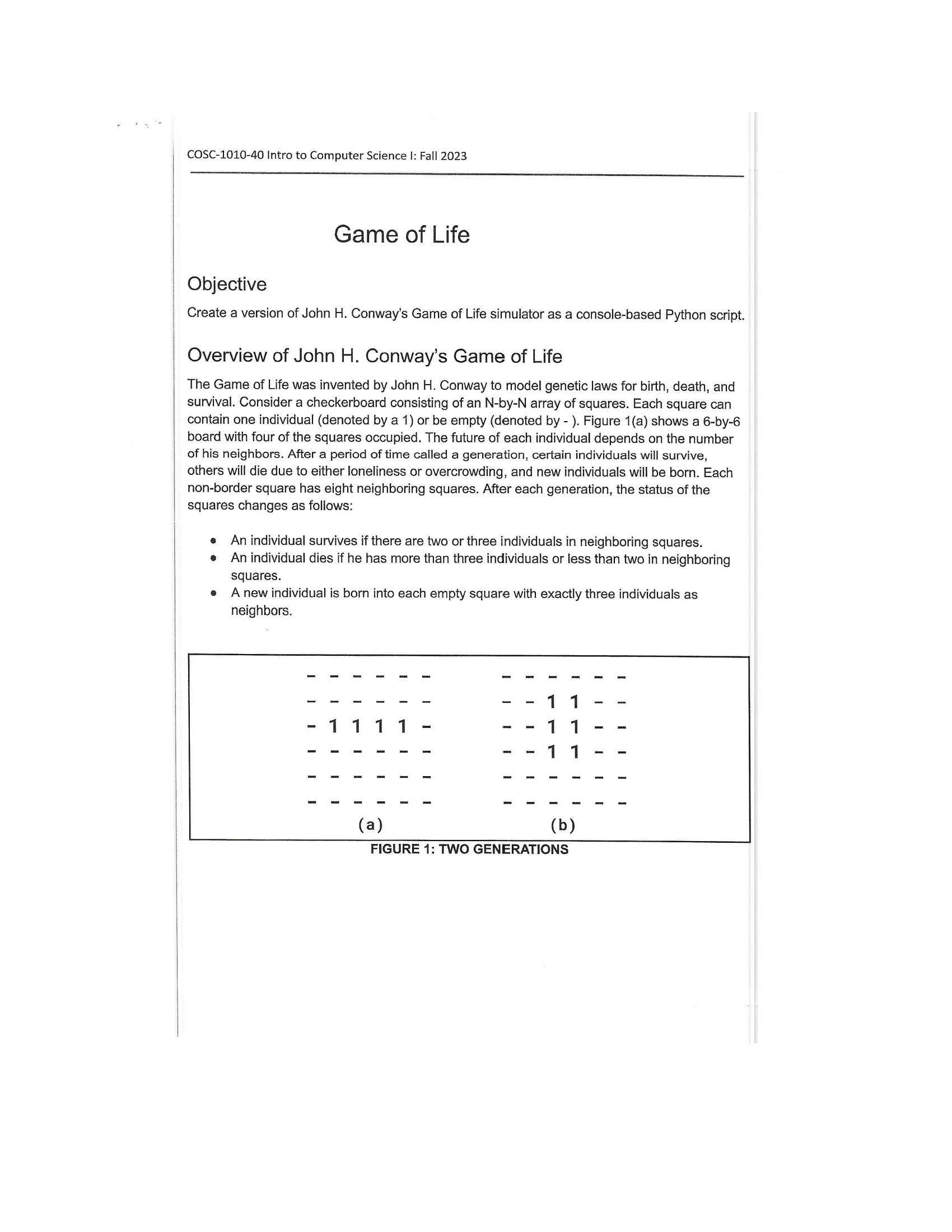 Create a version of John H. Conway's Game of Life | Chegg.com