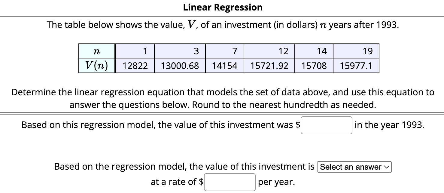 Solved Linear Regression The table below shows the value, V, | Chegg.com