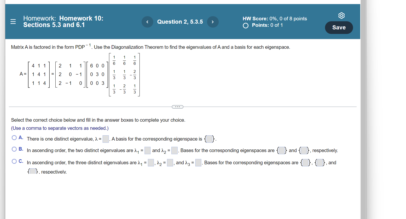 Solved -1 Let A = PDP and P and D as shown below. Compute | Chegg.com