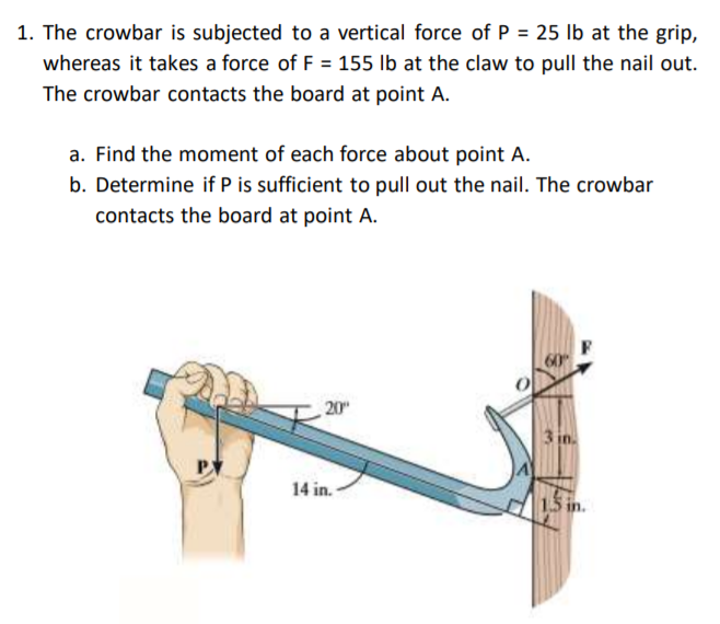 Solved 1. The crowbar is subjected to a vertical force of P | Chegg.com