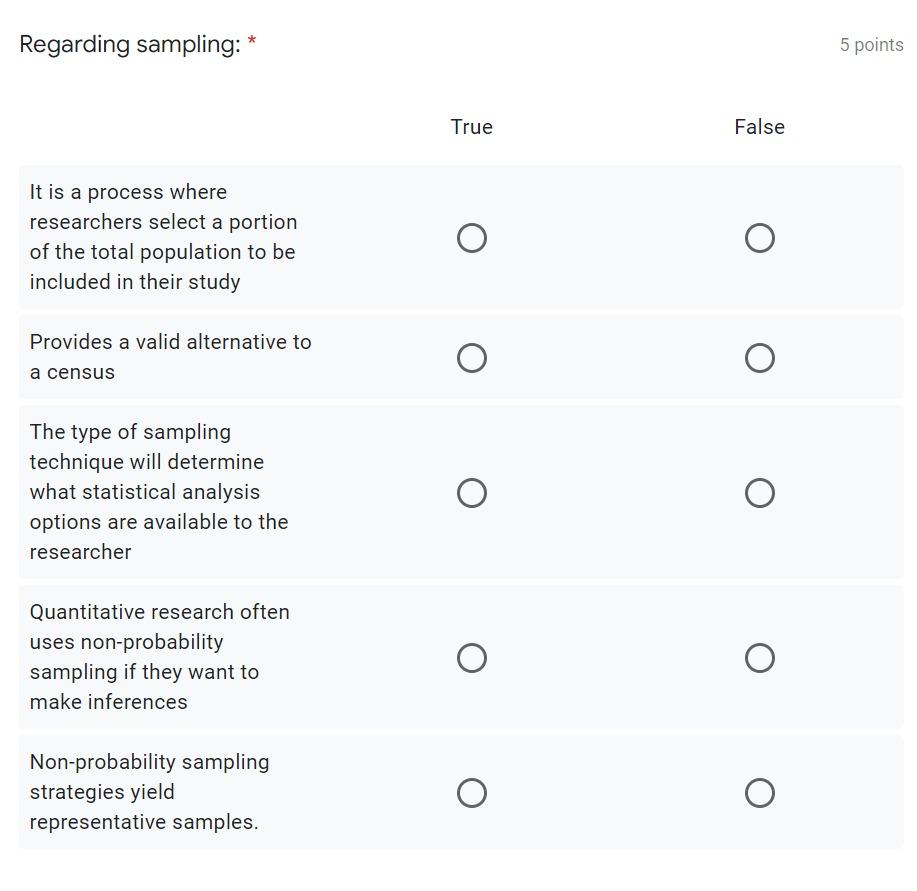 Solved * Regarding sampling: * 5 points True False It is a | Chegg.com