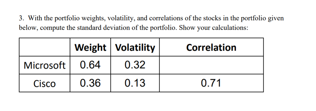 Solved 3. With the portfolio weights, volatility, and | Chegg.com