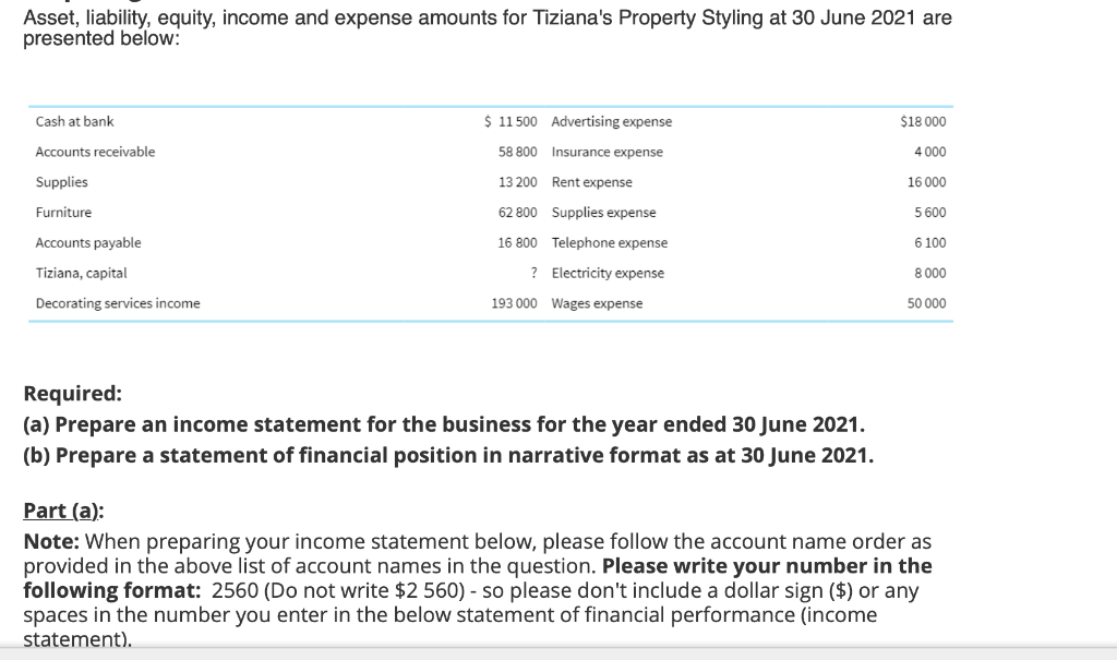 Solved Asset, liability, equity, income and expense amounts | Chegg.com