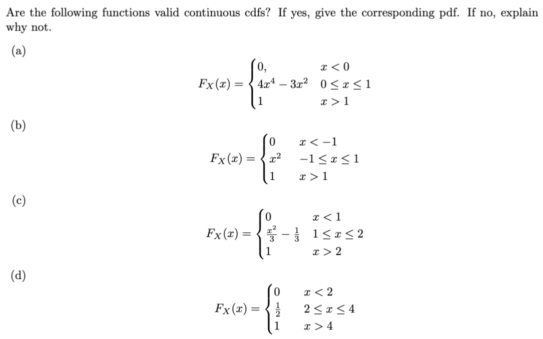 Are the following functions valid continuous cdfs? If | Chegg.com