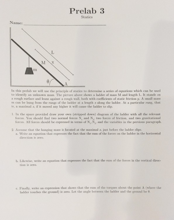 Solved Prelab 3 Statics Name: - MX m In this prelab we will | Chegg.com