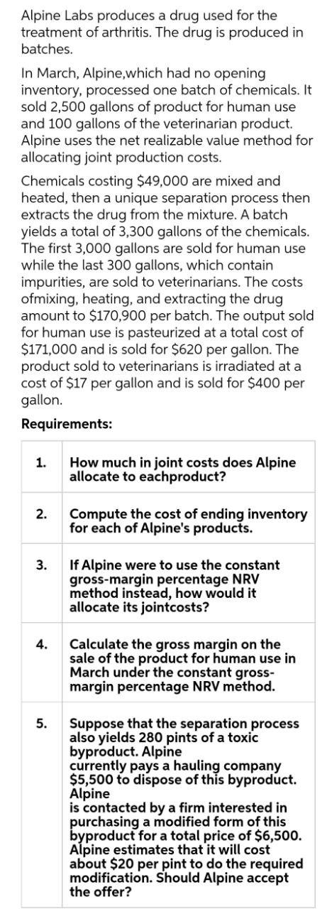 Solved Alpine Labs produces a drug used for the treatment of | Chegg.com