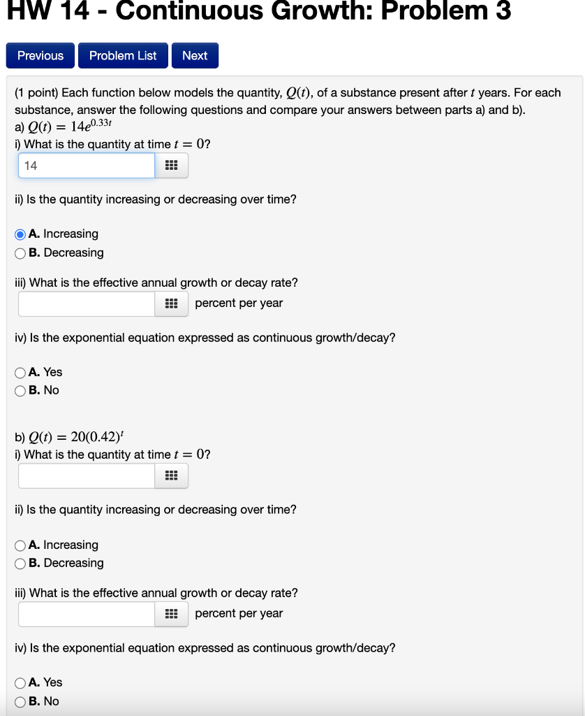 Solved HW 14 - Continuous Growth: Problem 3 Previous Problem | Chegg.com