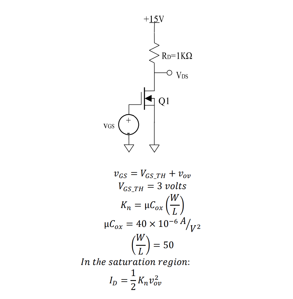 Solved +15V Rd=1K12 O VDs Q1 + + VGS VGS TH = Vos = VGS_TH + | Chegg.com