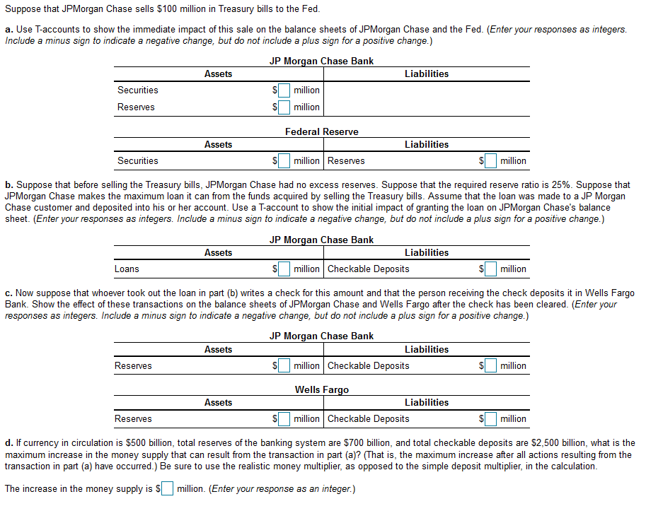Solved Suppose that JPMorgan Chase sells $100 million in | Chegg.com