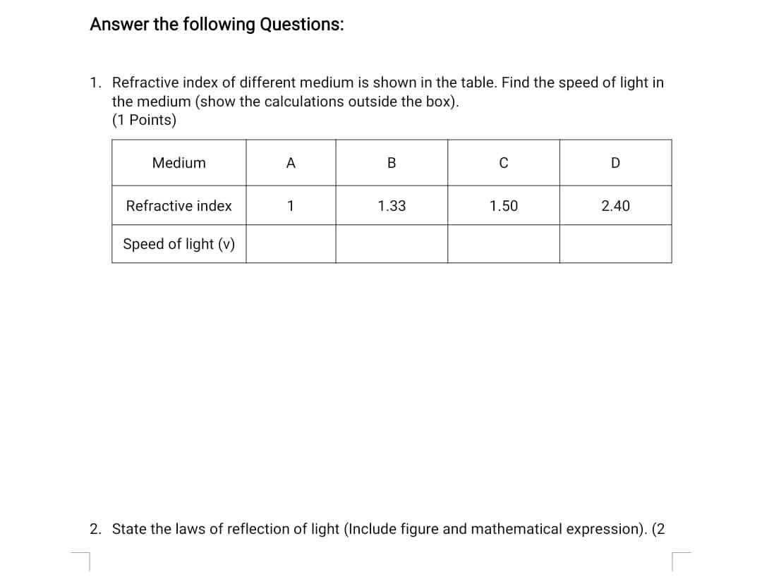 Solved Answer the following Questions: 1. Refractive index | Chegg.com