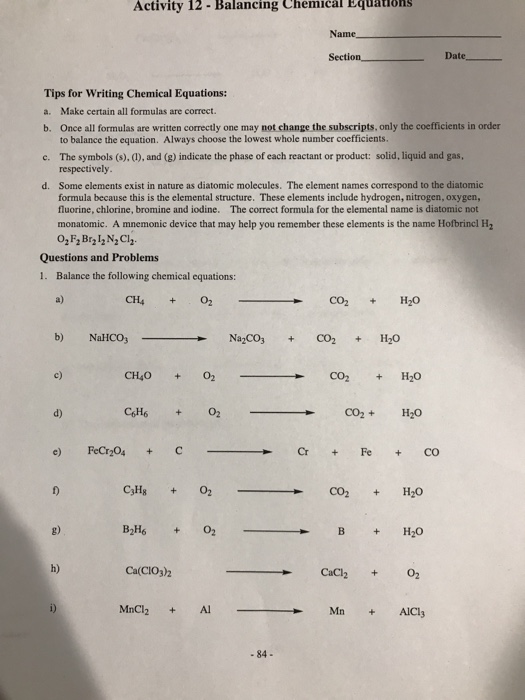 Solved Activity 12 - Balancing Chemical Eqatlöhs Section | Chegg.com
