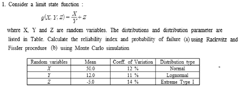 Consider a limit state function : g(X,Y,Z)=X/Y+ | Chegg.com
