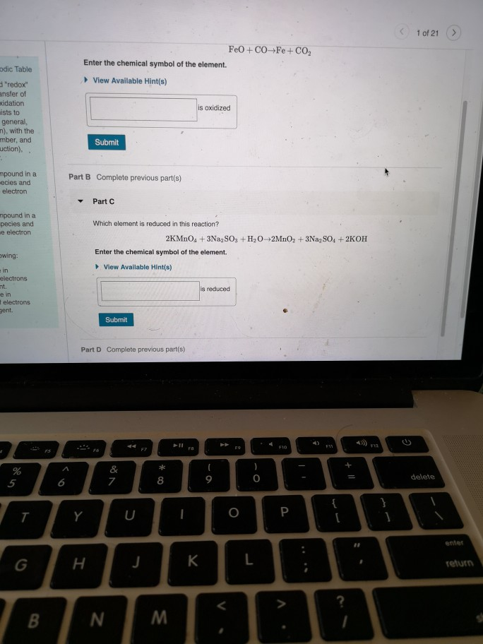 Solved 1 of 21 FeO +CO Fe +CO2 Enter the chemical symbol of | Chegg.com