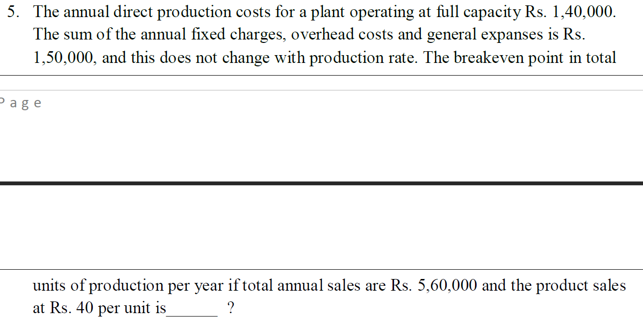 Solved 5. The annual direct production costs for a plant | Chegg.com