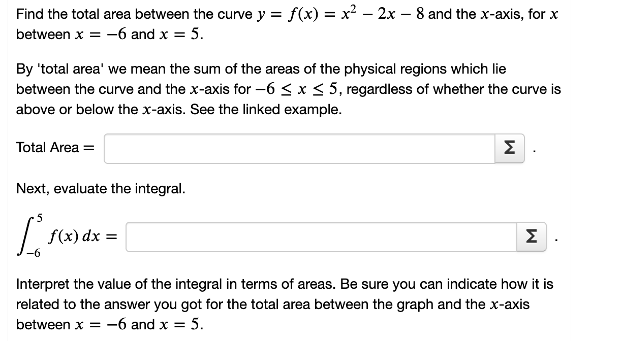 Solved Find the total area between the curve y=f(x)=x2−2x−8 | Chegg.com