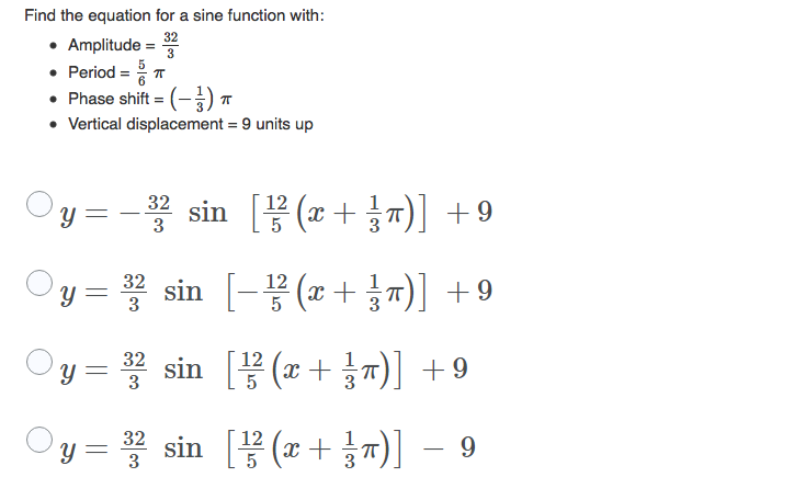 Solved = 32 3 Find the equation for a sine function with: • | Chegg.com