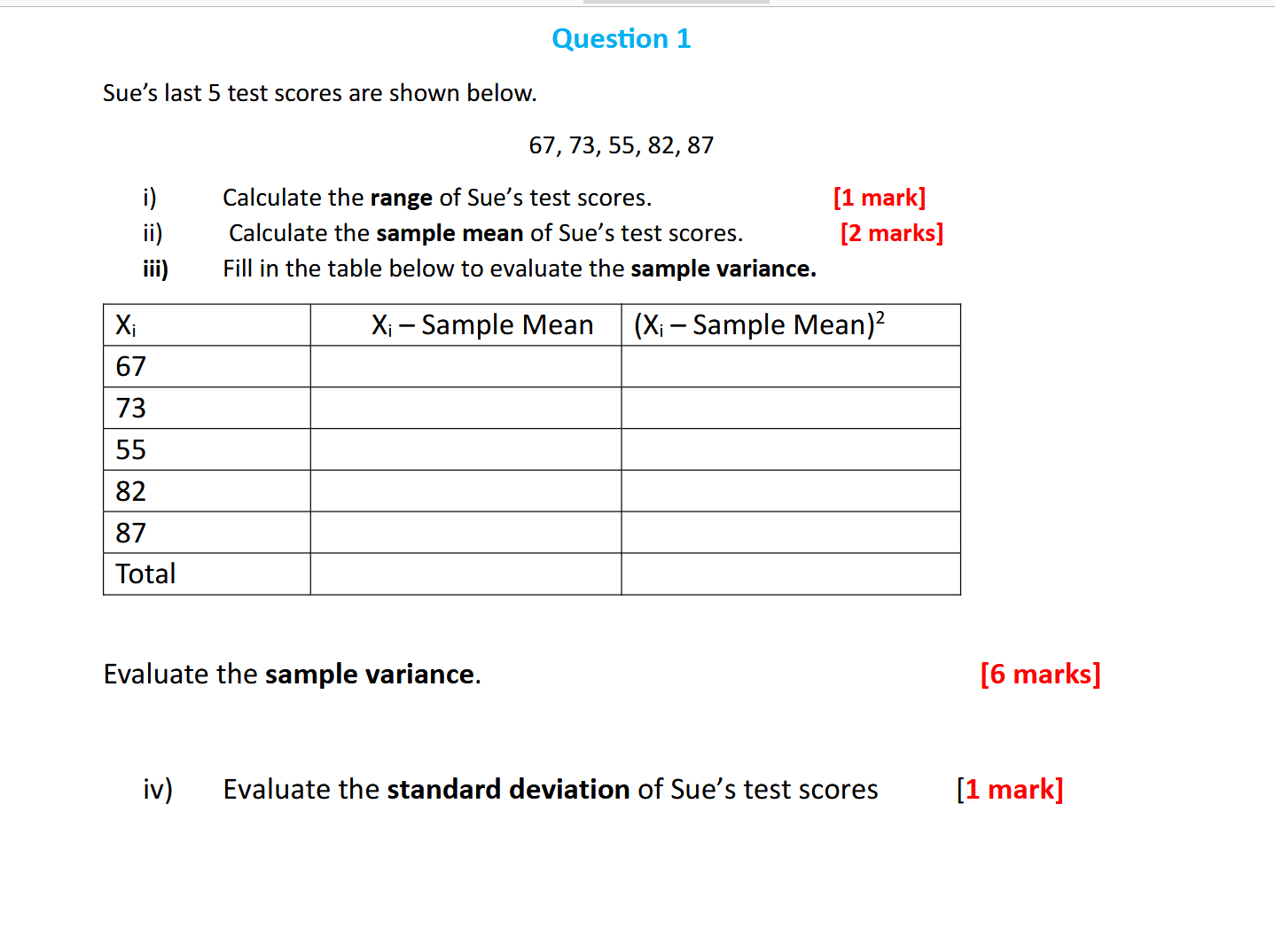 Solved Question 1 ﻿Sue's last 5 ﻿test scores are shown | Chegg.com