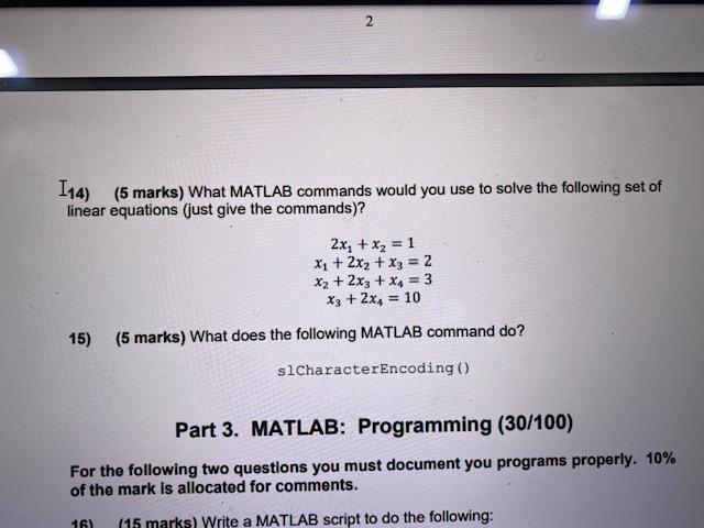 Solved N 2 114) (5 marks) What MATLAB commands would you use | Chegg.com