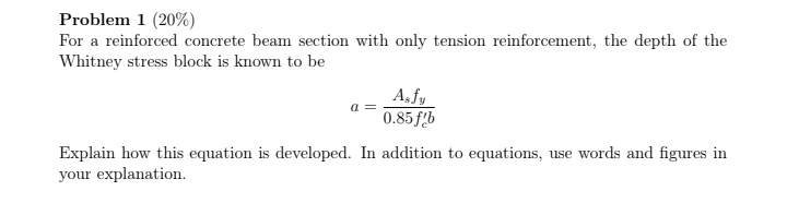 Solved Problem 1 (20%) For a reinforced concrete beam | Chegg.com