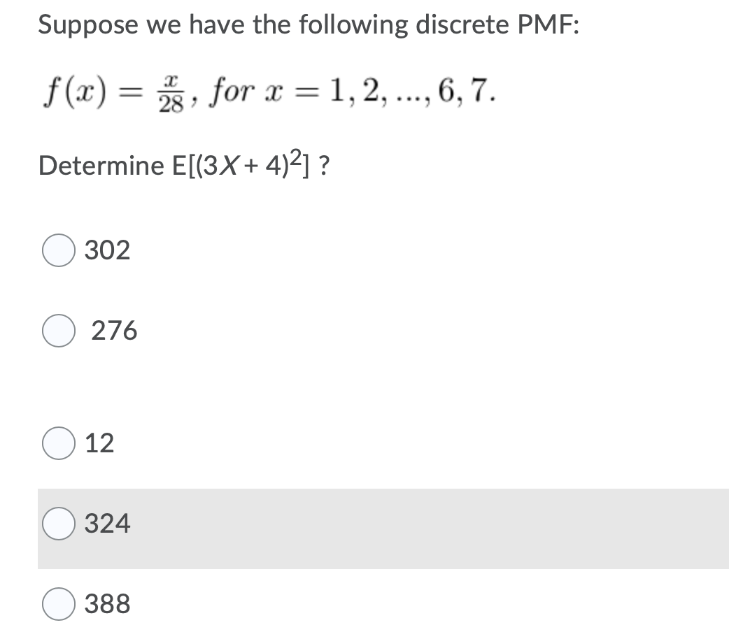Solved Suppose we have the following discrete PMF: f(x) = , | Chegg.com