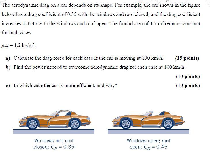 Solved The aerodynamic drag on a car depends on its shape. | Chegg.com