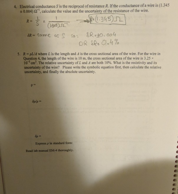 Solved 4. Electrical conductance S is the reciprocal of | Chegg.com