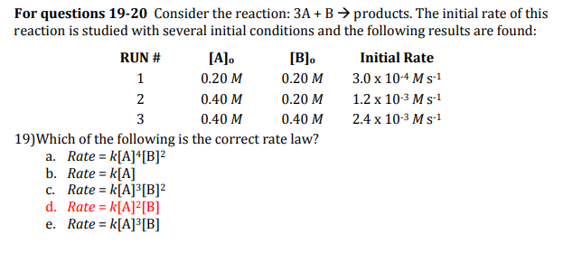 Solved For questions 19-20 Consider the reaction: 3A+B → | Chegg.com