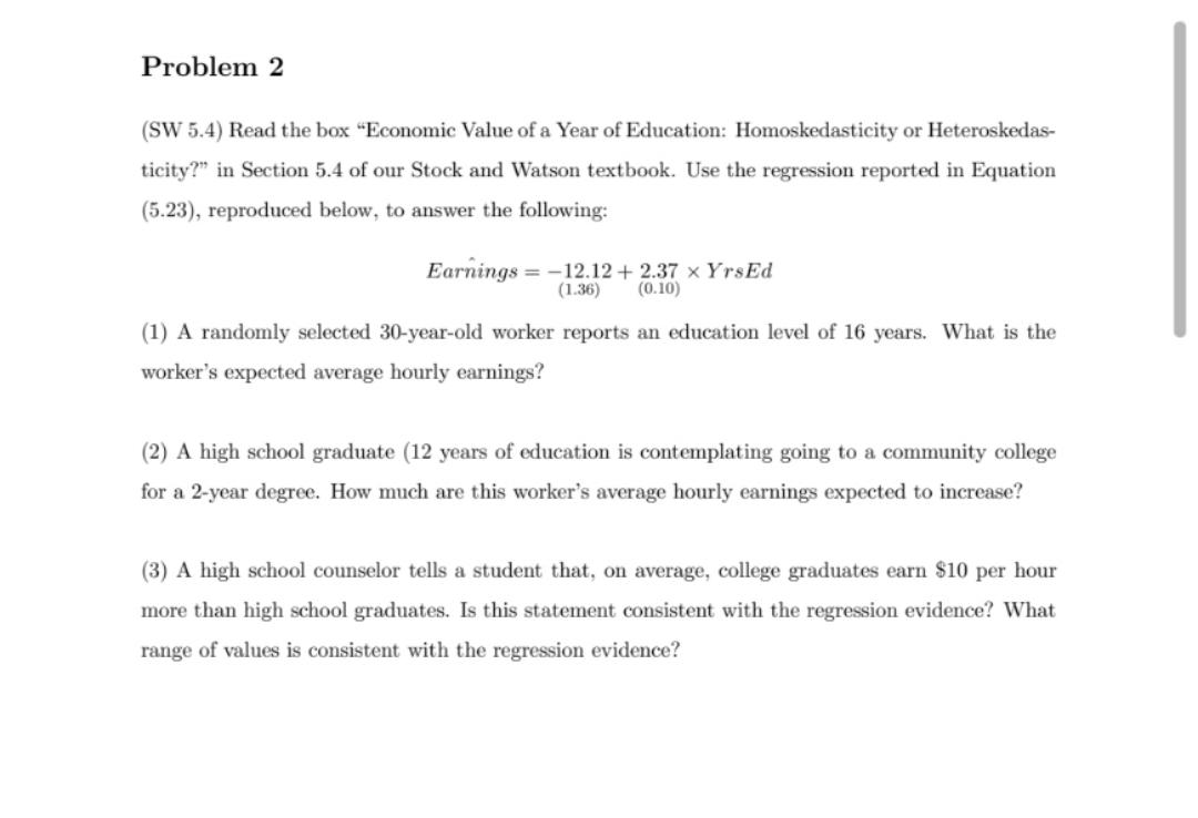 Solved (SW 5.4) Read the box "Economic Value of a Year of | Chegg.com