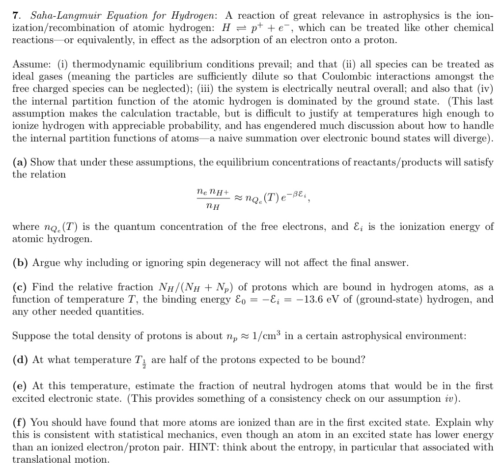 Solved 7. Saha-Langmuir Equation for Hydrogen: A reaction of | Chegg.com