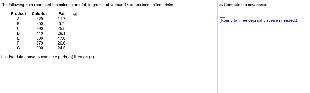 Solved The following data represent the calories and fat, in | Chegg.com