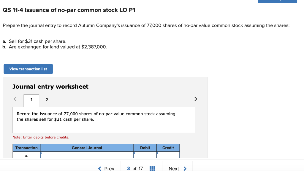 Solved QS 11-4 Issuance of no-par common stock LO P1 Prepare | Chegg.com