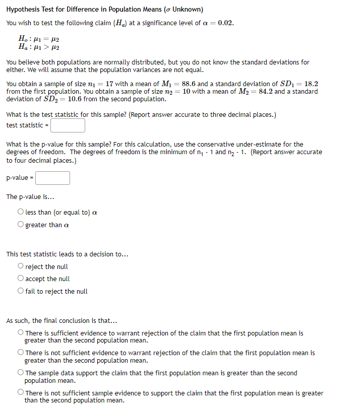 Solved Hypothesis Test for Difference in Population Means ( | Chegg.com