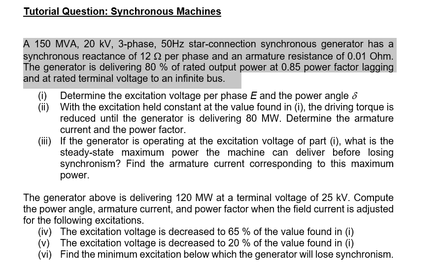 Solved Tutorial Question: Synchronous Machines A 150 MVA, 20 | Chegg.com