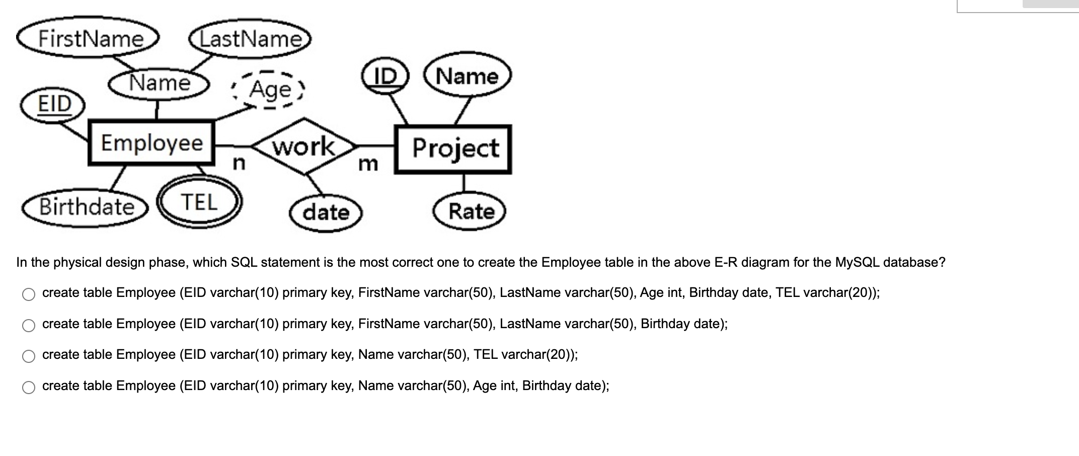 Solved In the physical design phase, which SQL statement is | Chegg.com