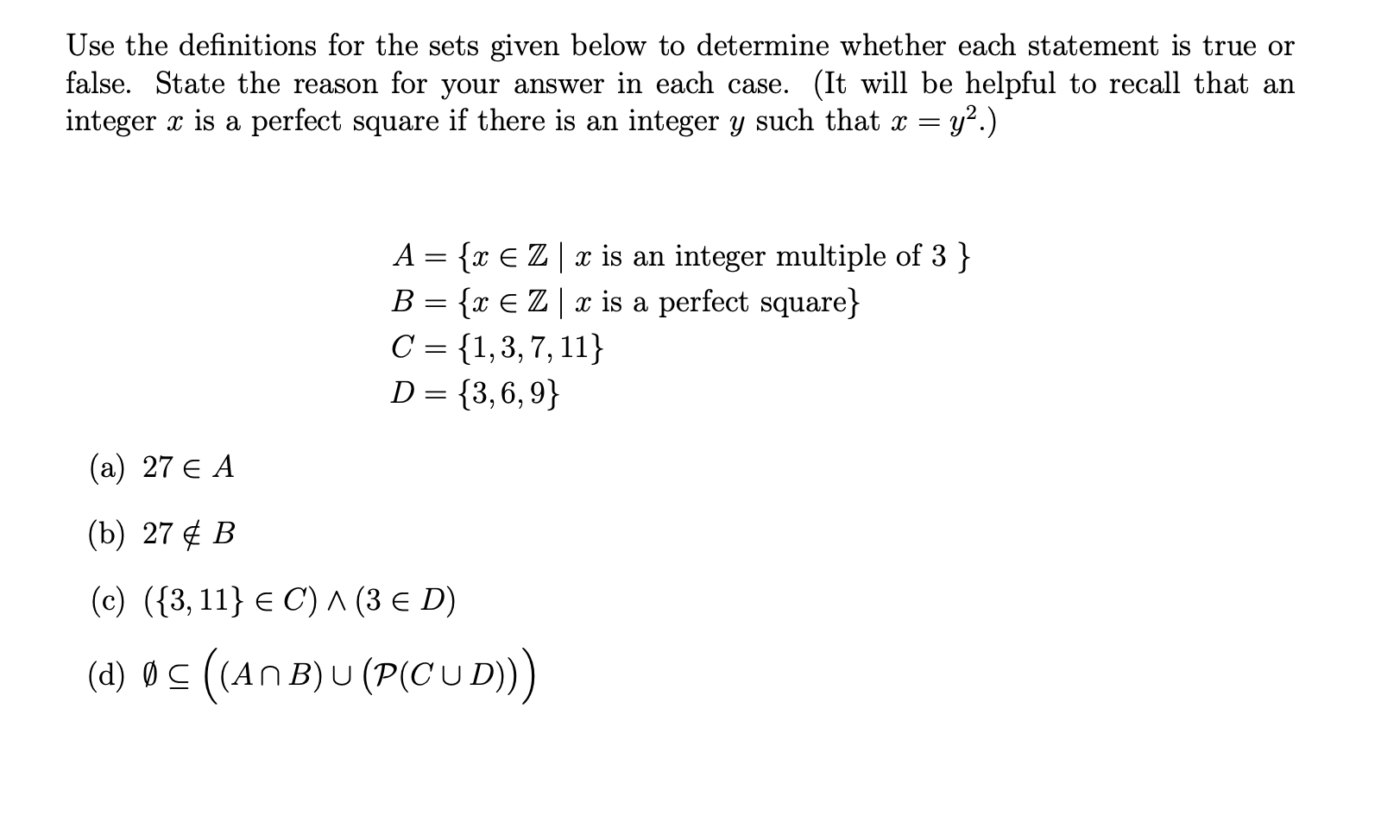 Solved Use the definitions for the sets given below to | Chegg.com