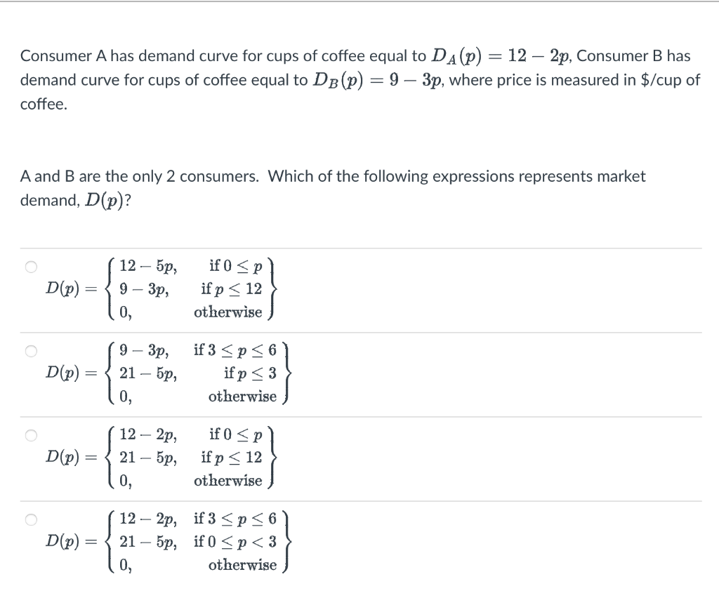 Solved Consumer A has demand curve for cups of coffee equal | Chegg.com