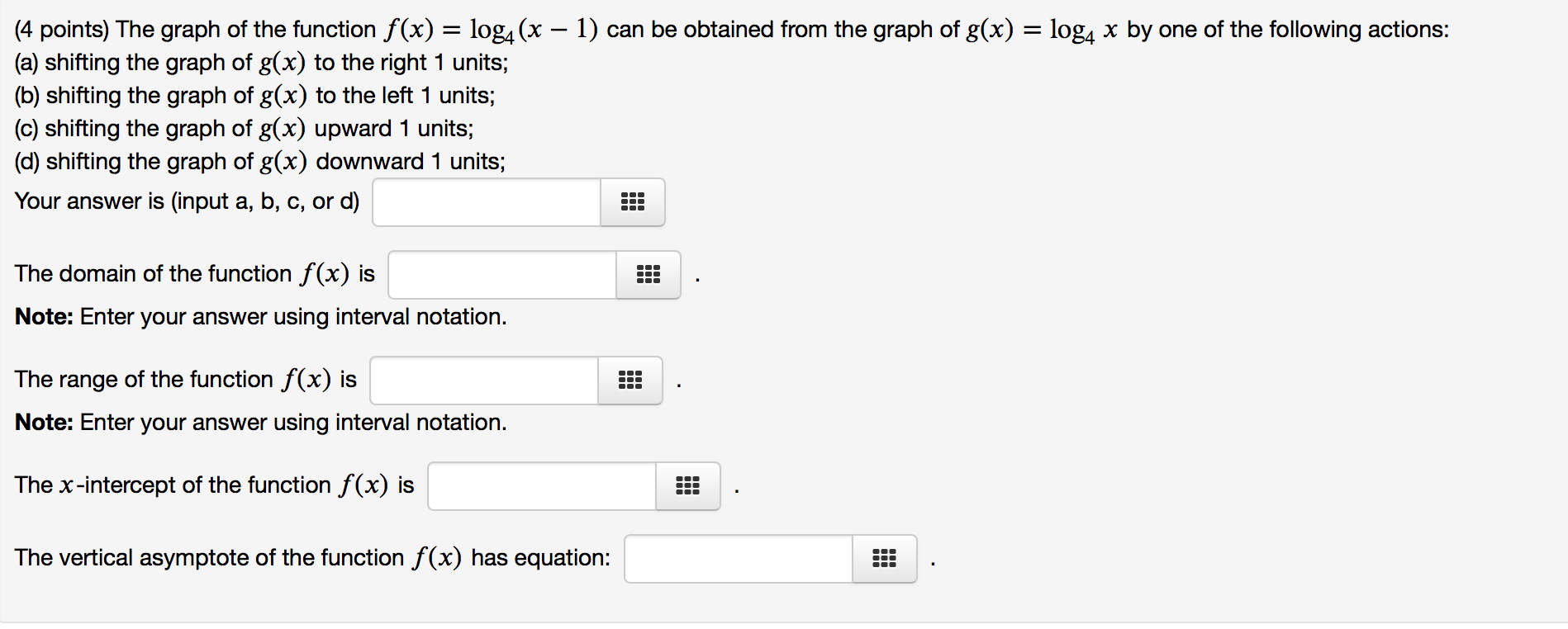 Solved (4 points) The graph of the function f(x) = loga (x – | Chegg.com