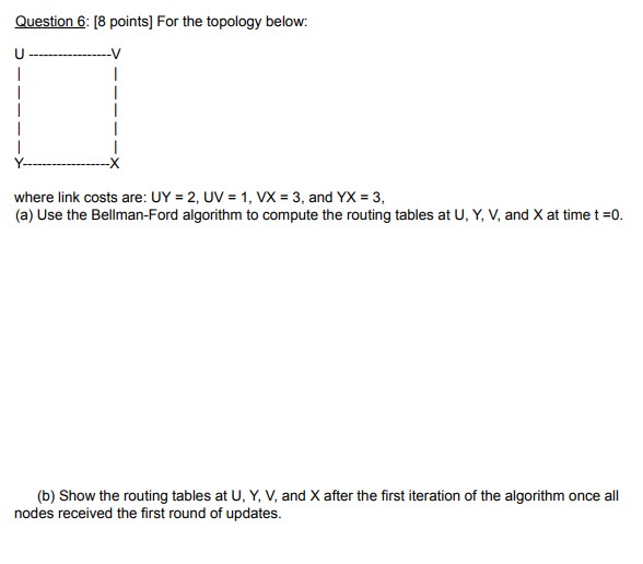 Solved Question 6: [8 points] For the topology below: where | Chegg.com