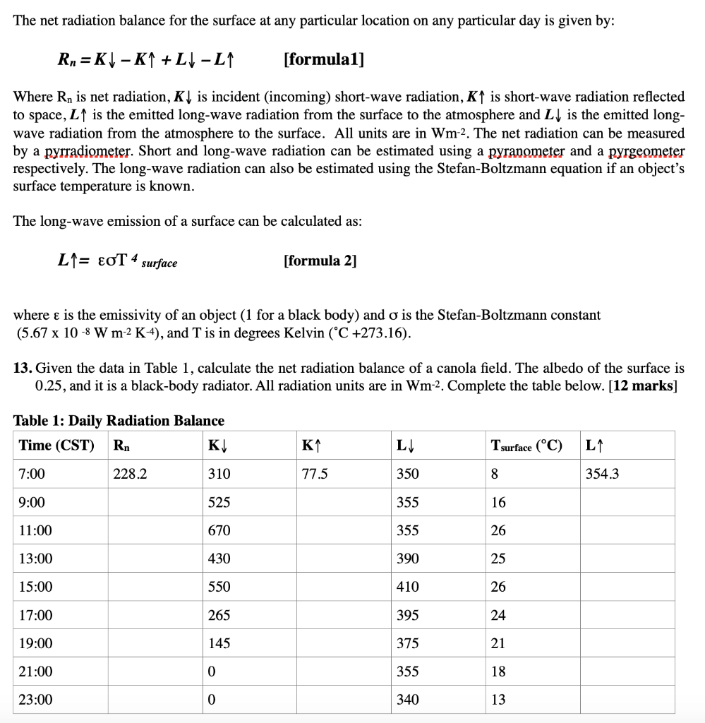 The net radiation balance for the surface at any | Chegg.com
