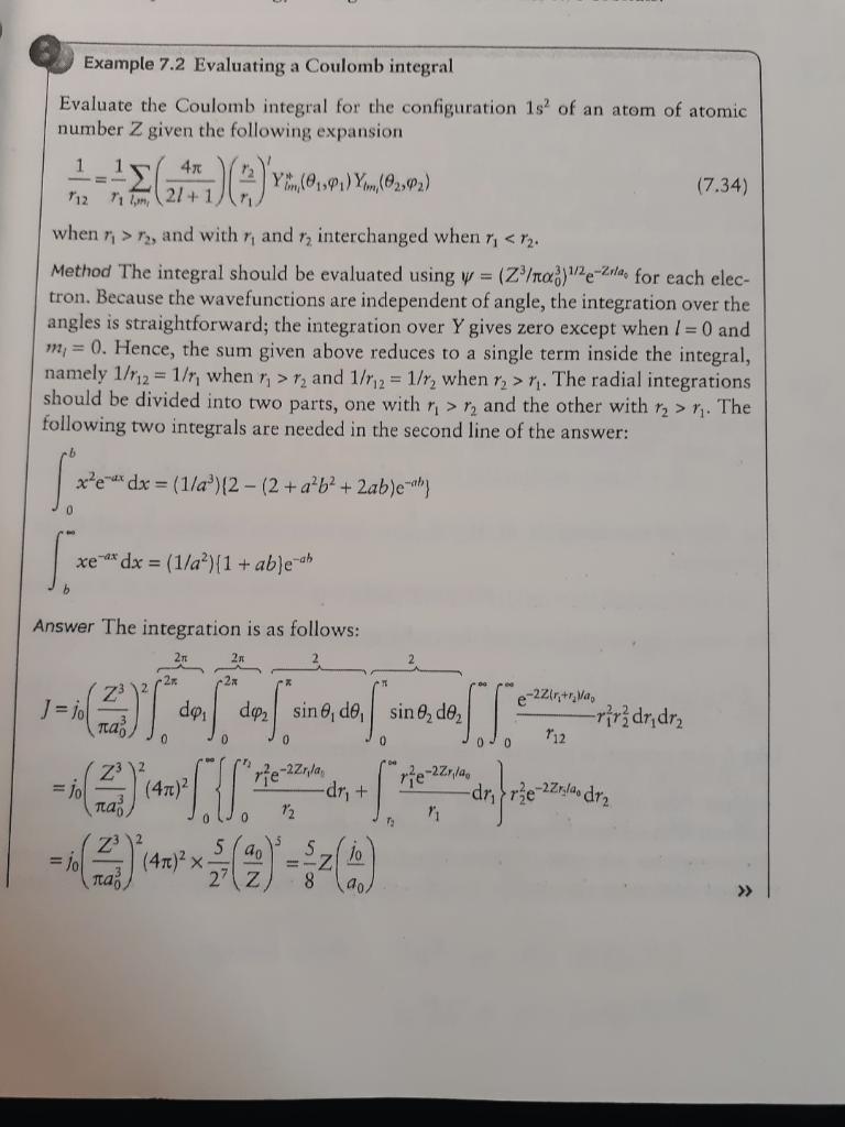Solved de) Example 7.2 Evaluating a Coulomb integral | Chegg.com