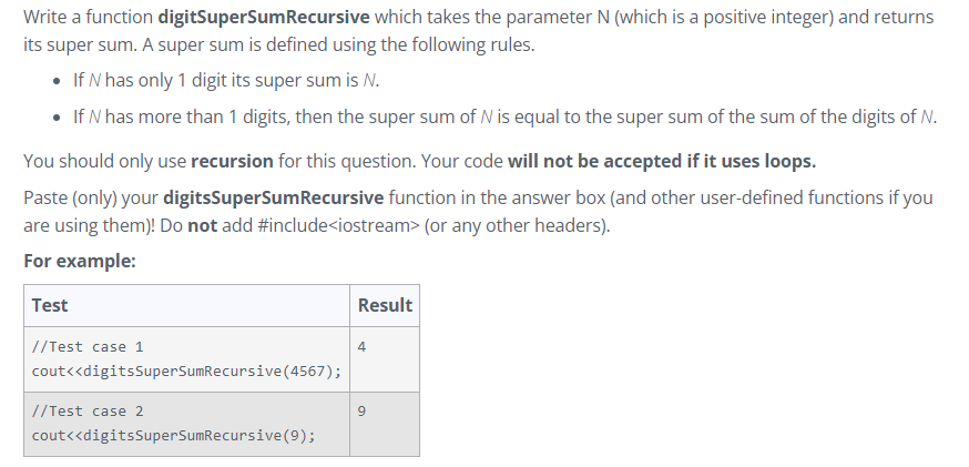 Solved Write a function digitSuperSumRecursive which takes | Chegg.com