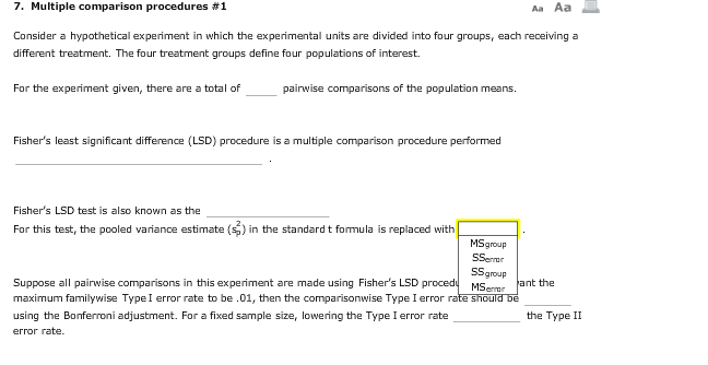 Solved 7. Multiple comparison procedures #1 Aa Aa . Consider | Chegg.com