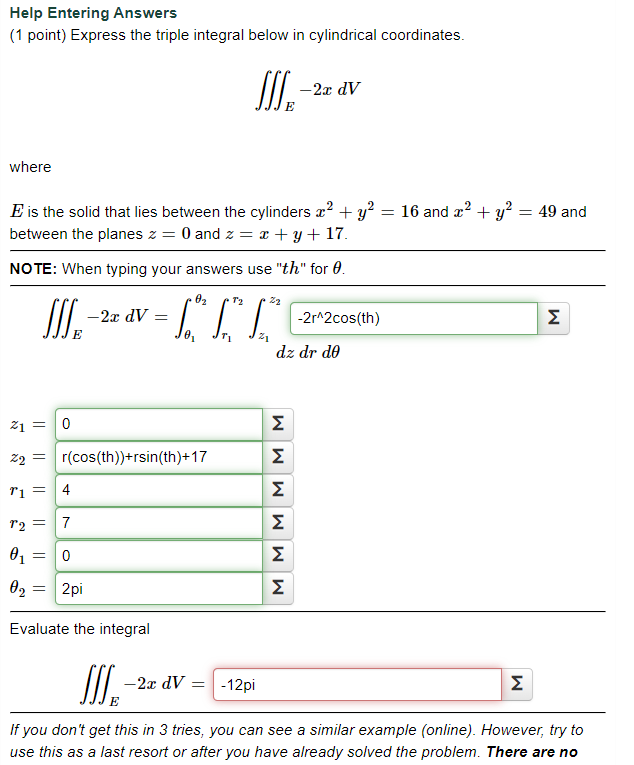 Solved Help Entering Answers (1 point) Express the triple | Chegg.com