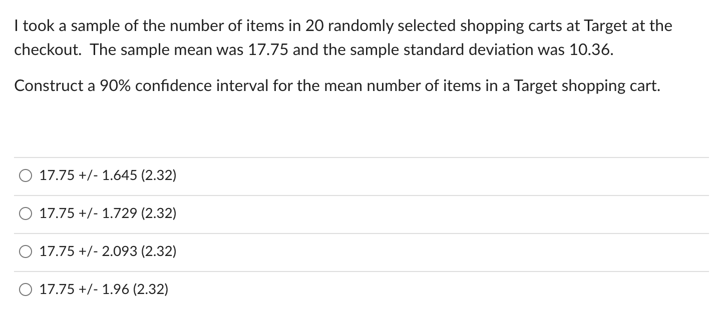 Solved I took a sample of the number of items in 20 randomly | Chegg.com