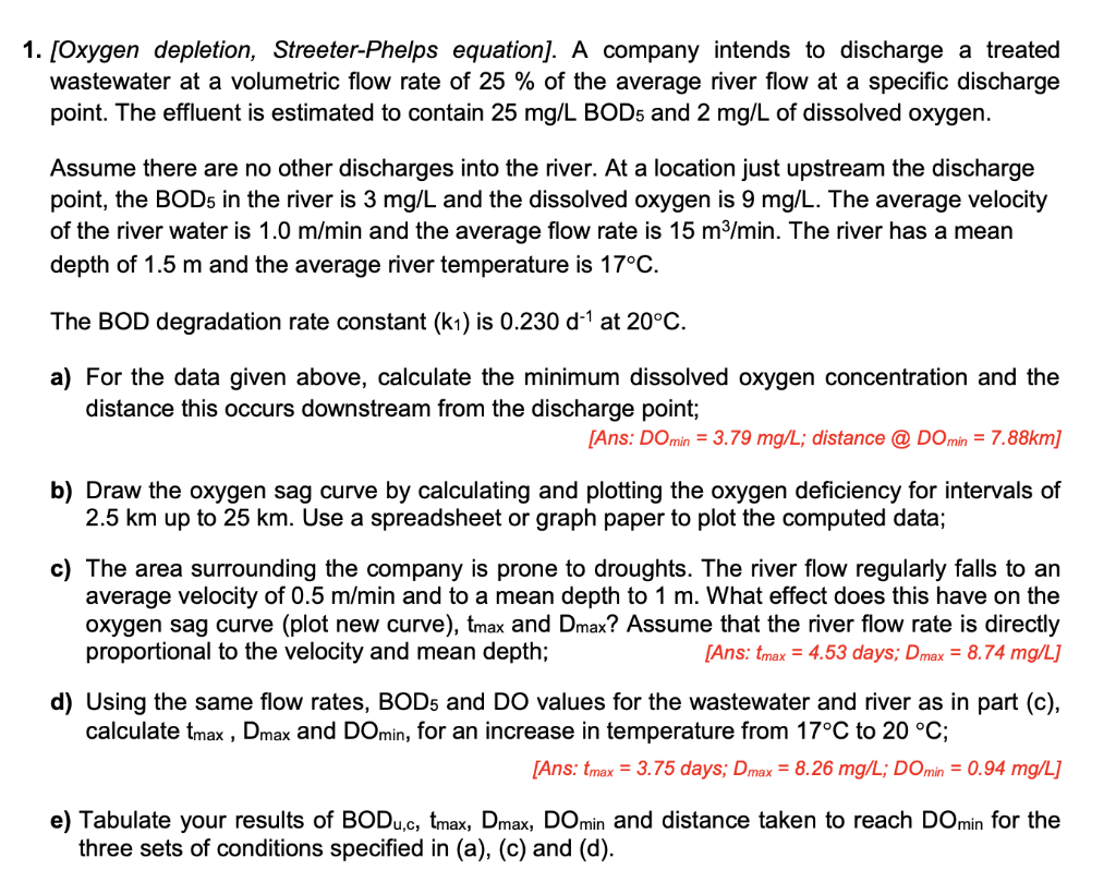 Solved 1. [Oxygen depletion, Streeter-Phelps equation). A | Chegg.com