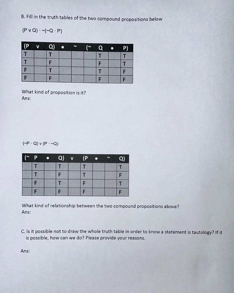 B. Fill in the truth tables of the two compound | Chegg.com