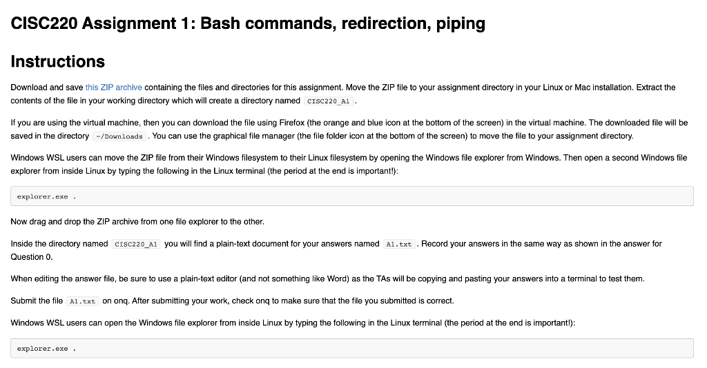 Solved CISC220 Assignment 1: Bash commands, redirection, | Chegg.com