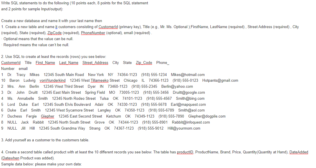 Solved Write SQL statements to do the following (10 points | Chegg.com