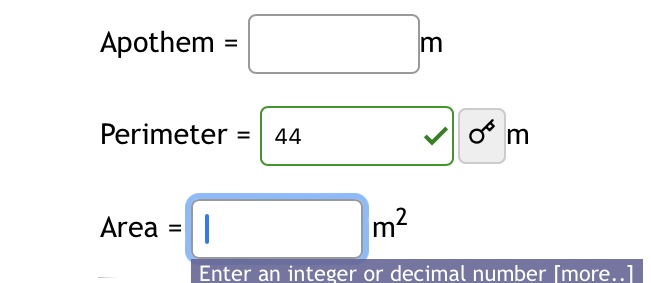 Solved Find the area of the regular polygon.Apothem = m | Chegg.com Solved Find the area of the regular polygon.Apothem = m | Chegg.com