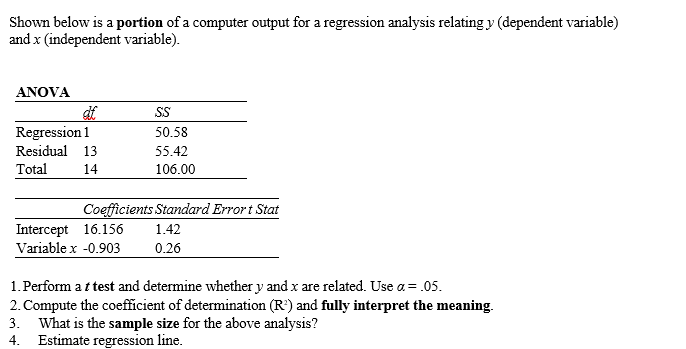Solved Shown below is a portion of a computer output for a | Chegg.com